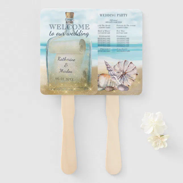 Beach Seashells Message in a Bottle Wedding Party Hand Fan | Zazzle