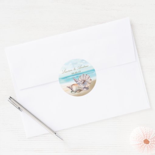 Beach Seashells Nautical Tropical Wedding Monogram Classic Round ...