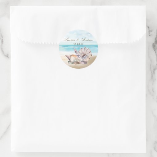 Beach Seashells Nautical Tropical Wedding Monogram Classic Round ...