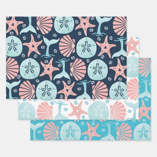Beach Seashells Sand Dollar Starfish Whale Wrapping Paper Sheets ...