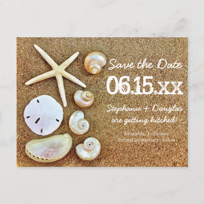 Beach Seashells Sand Save the Date Postcards | Zazzle.com