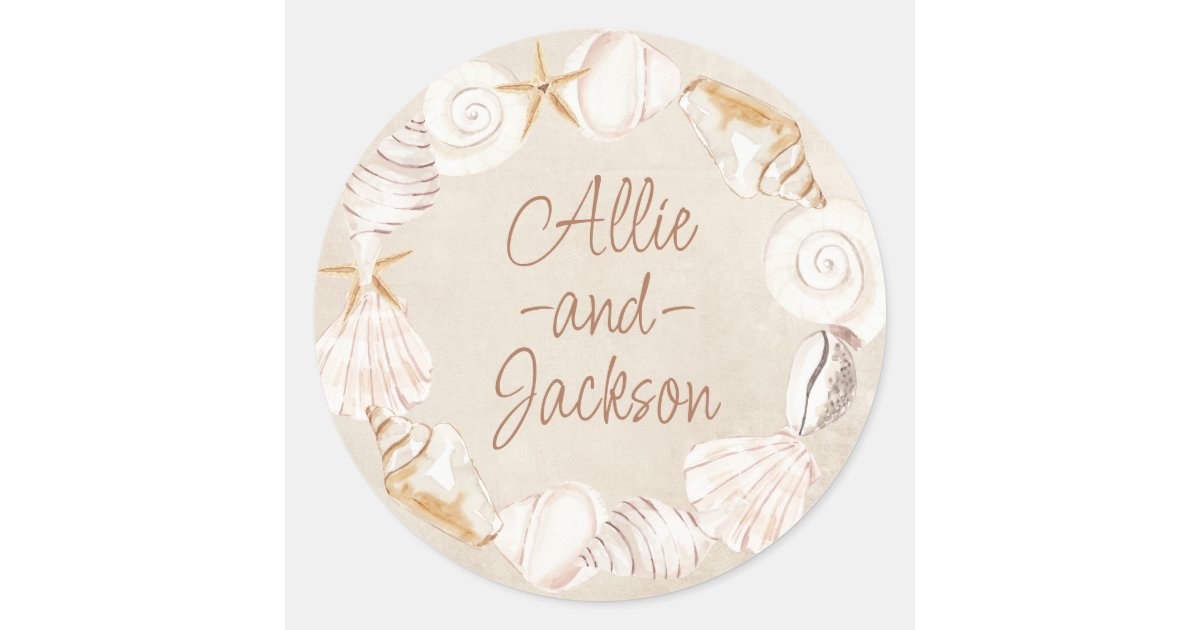 Beach Seashells Sand Seaside Wedding Names Classic Round Sticker | Zazzle