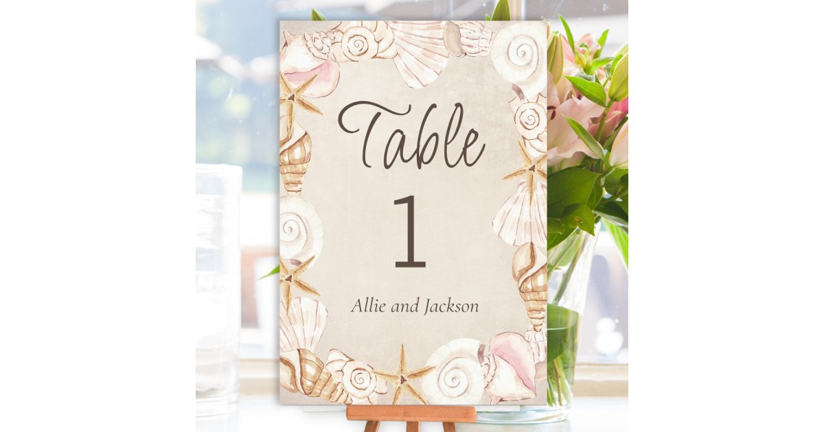 Beach Seashells Sand Seaside Wedding Reception Table Number | Zazzle