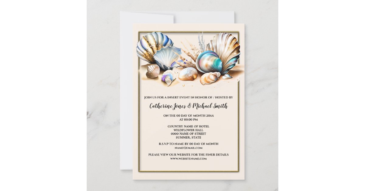 Beach shells tropical seashells iridescent ocean invitation | Zazzle