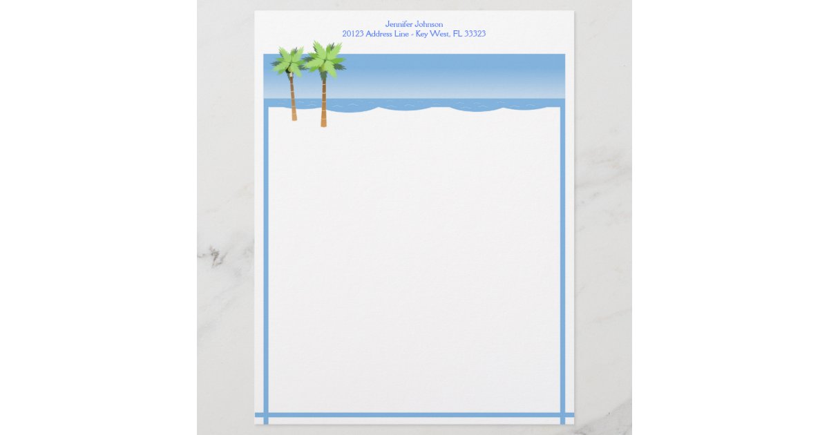 Beach Shoreline with Palm Trees Blue Ocean Custom Letterhead | Zazzle