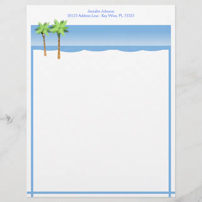 Beach Shoreline with Palm Trees Blue Ocean Custom Letterhead | Zazzle