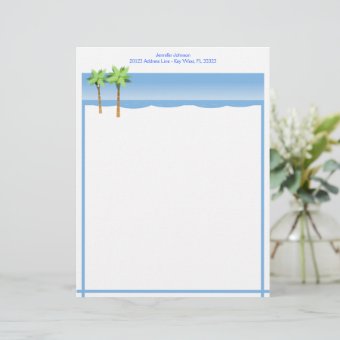 Beach Shoreline with Palm Trees Blue Ocean Custom Letterhead | Zazzle