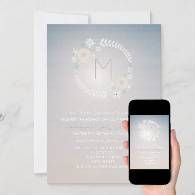 Beach Sky Monogram Wedding Rehearsal Dinner Invite | Zazzle