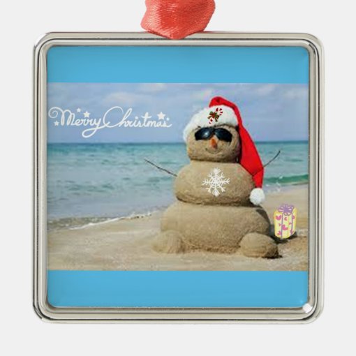 **BEACH SNOWMAN WITH GREETING** CHRISTMAS ORNAMENT | Zazzle