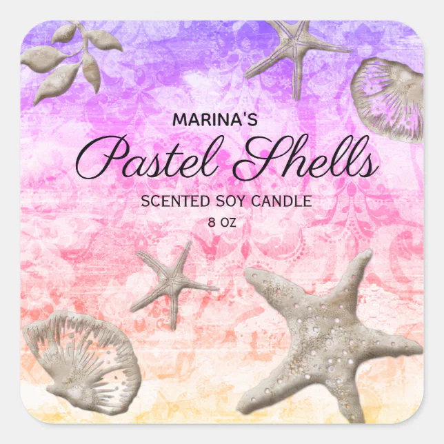 Beach Starfish Candle Pastel Shells Square Sticker | Zazzle
