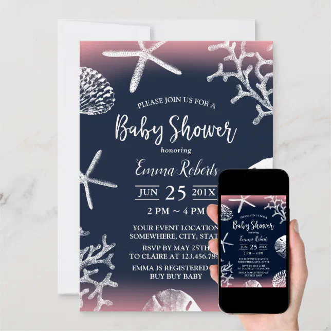 Beach Starfish Coral Reef Navy Pink Baby Shower Invitation | Zazzle