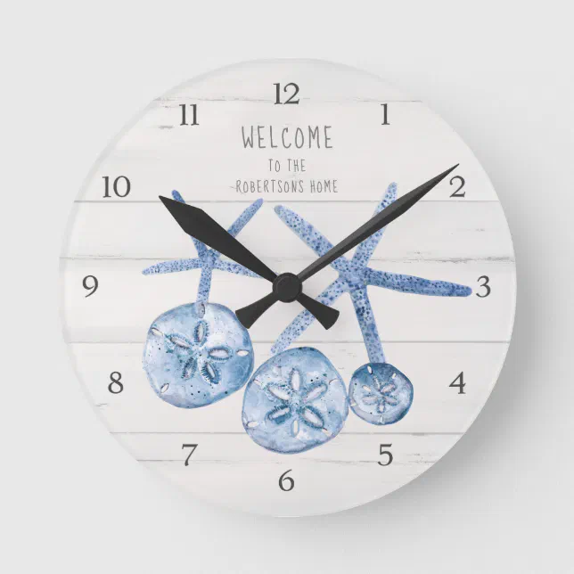 Beach Starfish Sand Dollar Modern Blue White Wood Round Clock | Zazzle