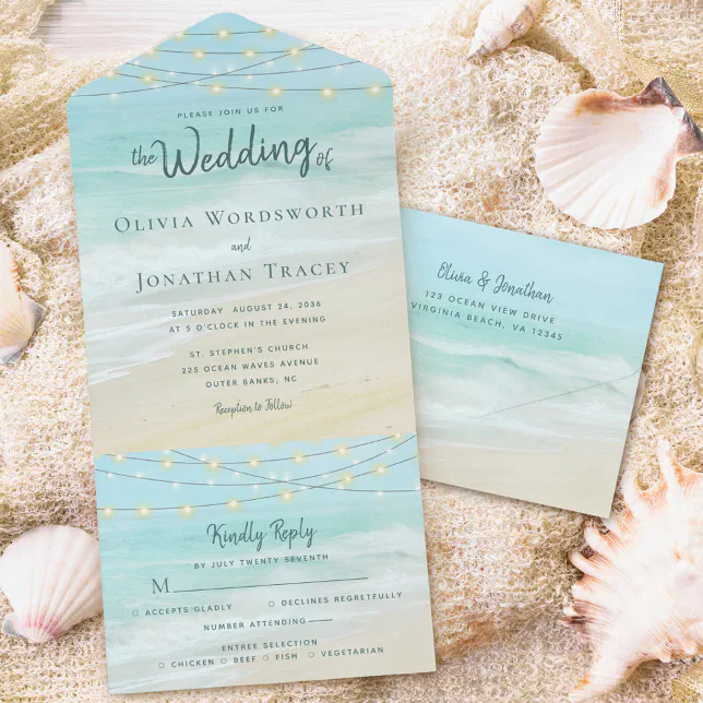 Beach String Lights Ocean Wedding All In One Invitation | Zazzle