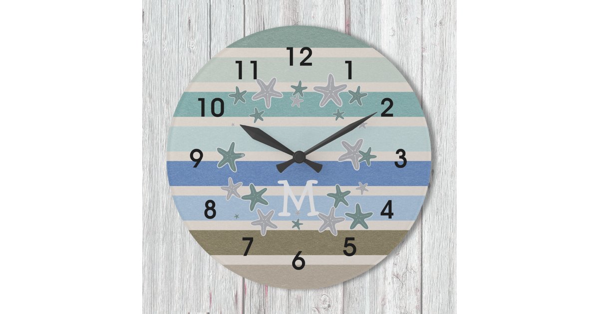 Beach Stripes and Starfish Large Clock | Zazzle