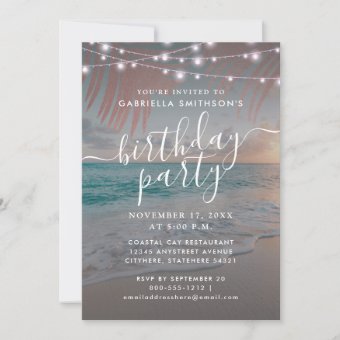 Beach Sunset String Lights at Dusk Birthday Party Invitation | Zazzle