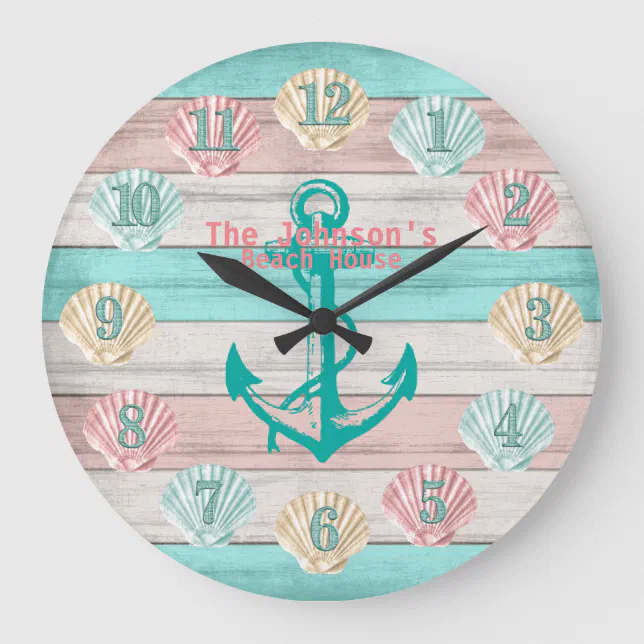 Beach Teal and Coral Seashells& Anchor Large Clock | Zazzle