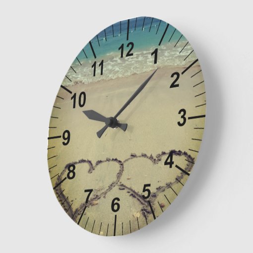 Beach Theme Hearts In Sand Large Clock | Zazzle