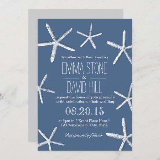 Beach Theme Starfish Frame Navy Blue Wedding Invitation | Zazzle