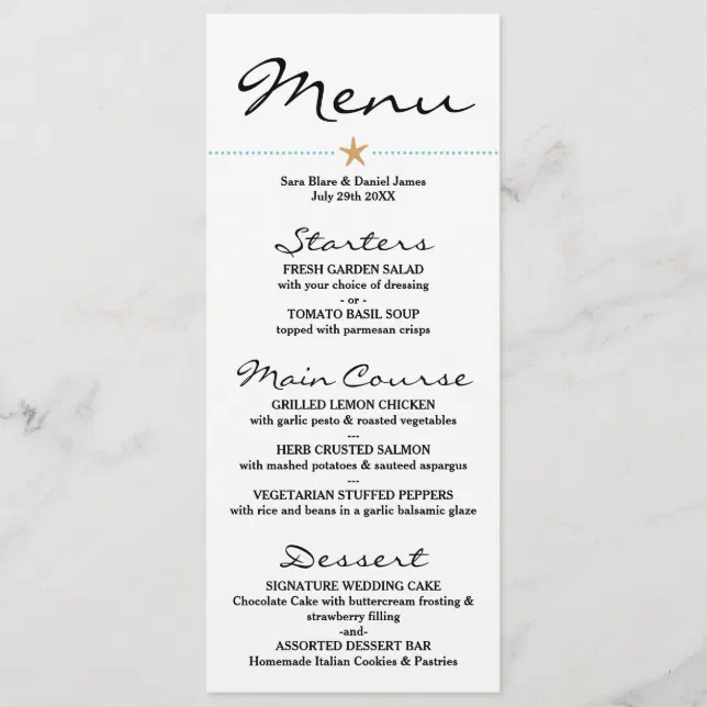 Beach themed Menu Cards - Wedding Menus - Starfish | Zazzle