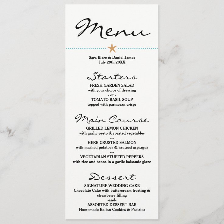Beach themed Menu Cards - Wedding Menus - Starfish | Zazzle