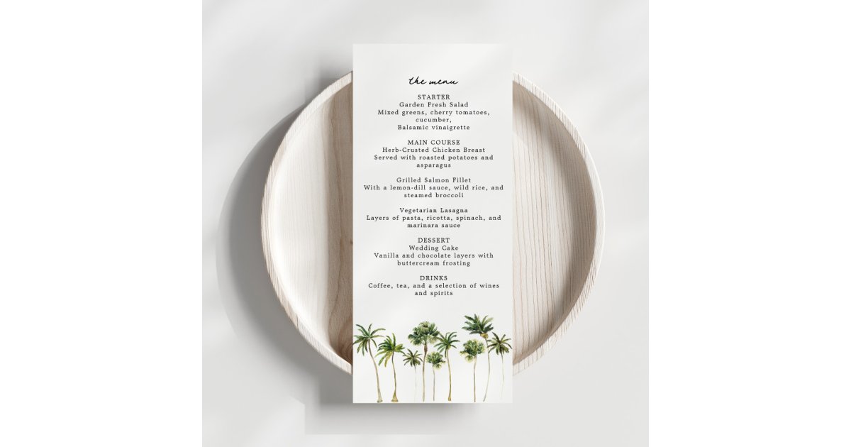 Beach Themed Watercolor Palm Tree Menu | Zazzle