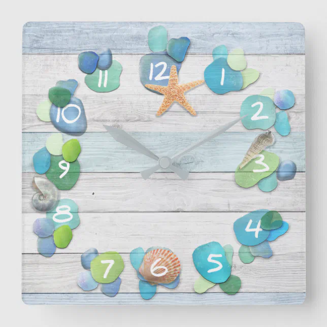 Beach Treasures Sea Glass Driftwood Shells Square Wall Clock | Zazzle
