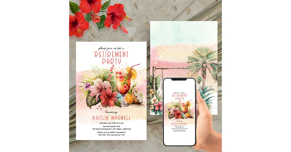Beach Tropical Themed Cocktails Retirement Party Invitation | Zazzle