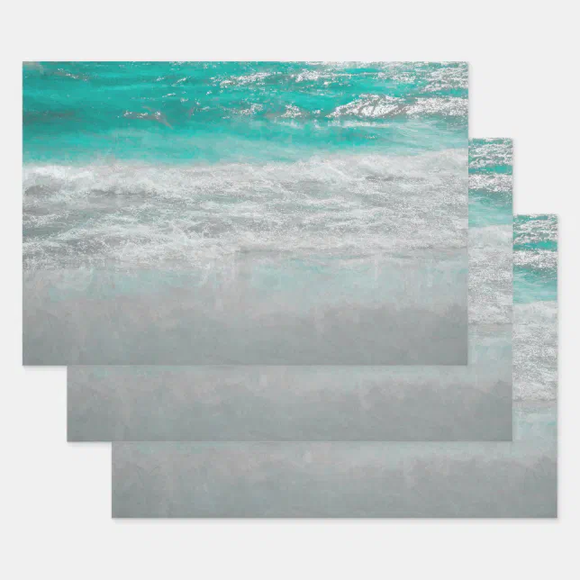 Beach Turquoise Coastal Ocean Waves Tropical Art Wrapping Paper Sheets ...