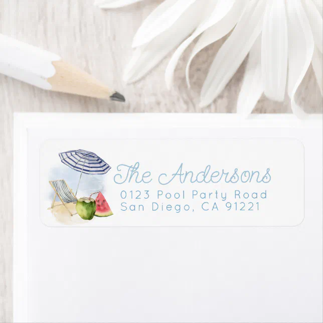 Beach Umbrella & Chairs Watermelon Return Address Label | Zazzle