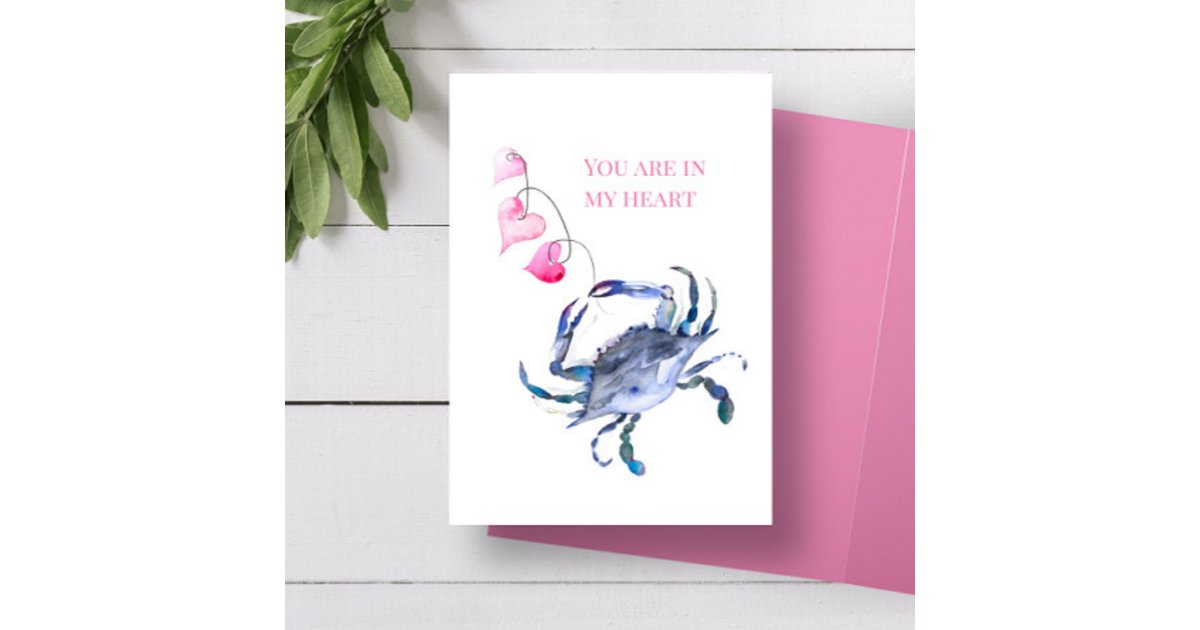 Beach Valentines Day Card Blue Crab and Hearts | Zazzle