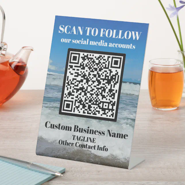 Beach Waves Custom Social Media QR Code Template Pedestal Sign | Zazzle