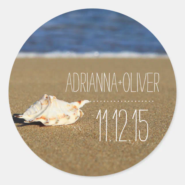 Beach Waves Seashell | Sand | Wedding Favor Classic Round Sticker | Zazzle