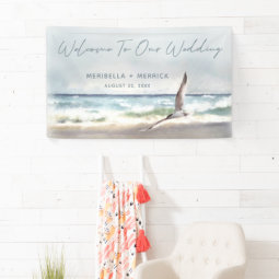 Beach Waves Watercolor Seascape Wedding Welcome Banner | Zazzle