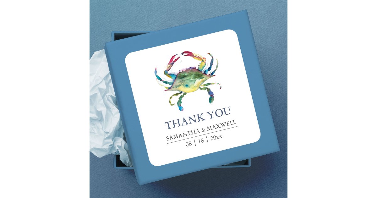 Beach Wedding Blue Crab Thank You Favor Square Sticker | Zazzle