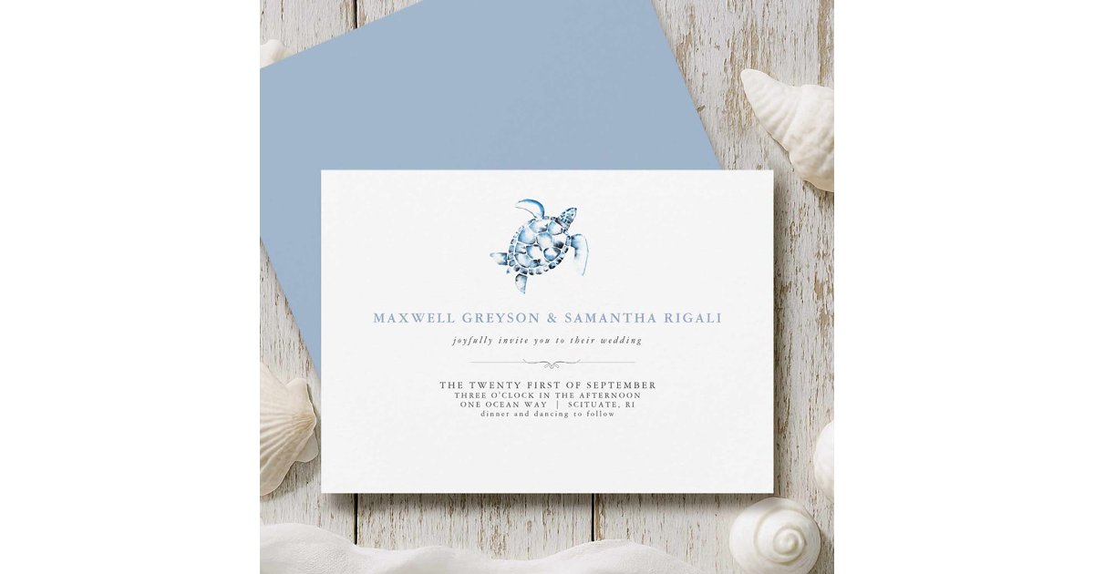 Beach Wedding Blue Sea Turtle Invitation | Zazzle