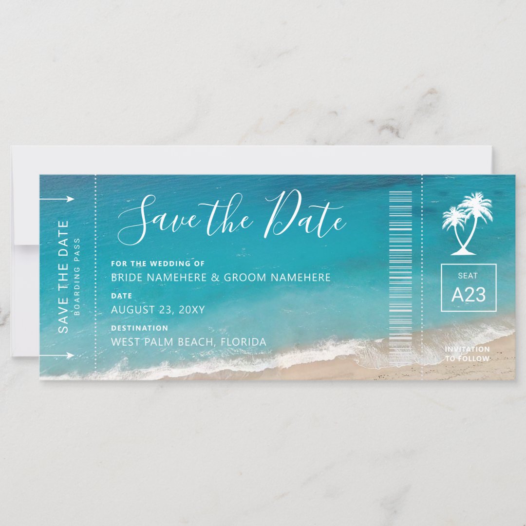 Beach Wedding Boarding Pass Moody Teal Ocean Photo Save The Date | Zazzle