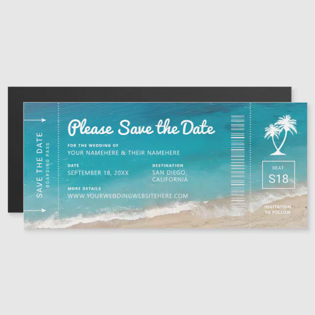 Beach Wedding Boarding Pass Save the Date Magnetic | Zazzle