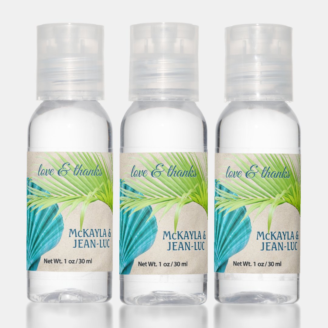 Beach Wedding Favor Love & Thanks Shell Palm Leaf Hand Sanitizer | Zazzle