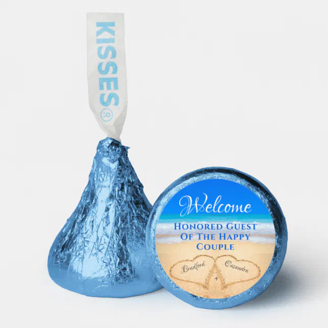 Beach Wedding Hearts in Sand Welcome Blue Hershey®'s Kisses® | Zazzle