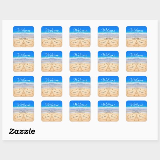 Beach Wedding Hearts in Sand Welcome Keepsake Square Sticker | Zazzle