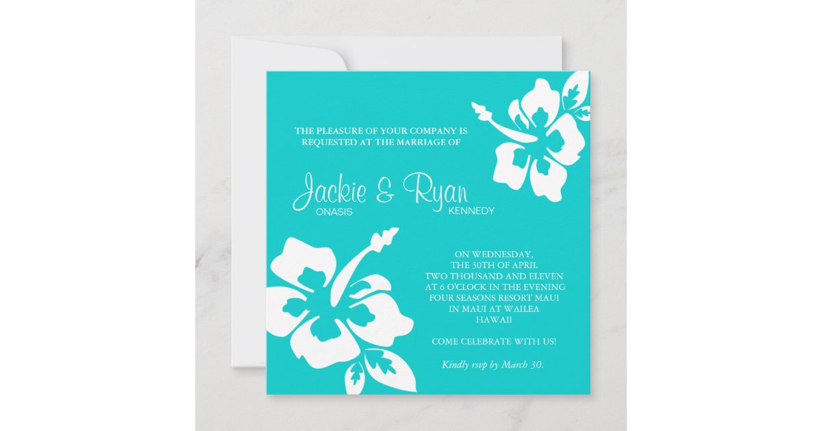 Beach Wedding Invitation Hibiscus Flower Blue | Zazzle