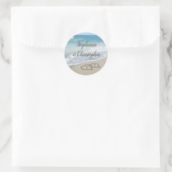 Beach Wedding Monogram Hearts in the Sand Classic Round Sticker | Zazzle