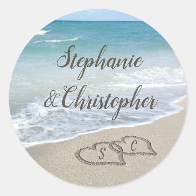 Beach Wedding Monogram Hearts in the Sand Classic Round Sticker | Zazzle