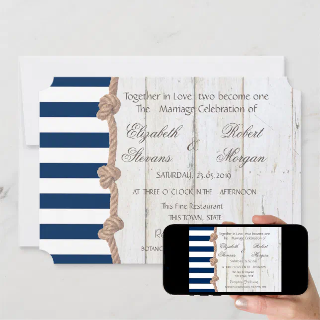 Beach Wedding Navy Rope ,Stripes,Wood Invitation | Zazzle