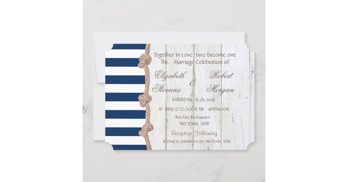 Beach Wedding Navy Rope ,Stripes,Wood Invitation | Zazzle