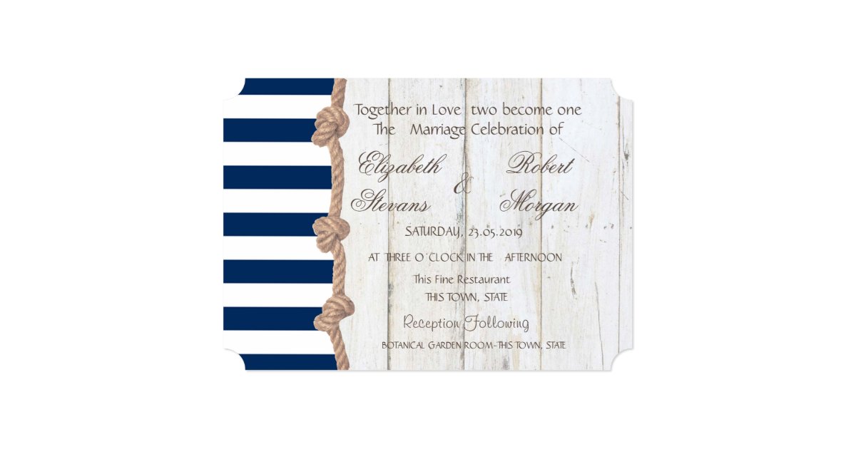 Beach Wedding Navy Rope ,Stripes,Wood Invitation | Zazzle.com