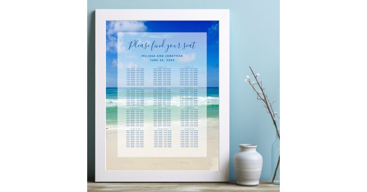 Beach Wedding Ocean Photo 12 Table Seating Chart | Zazzle