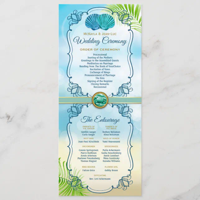 Beach Wedding Order of Ceremony Entourage Emerald Program | Zazzle