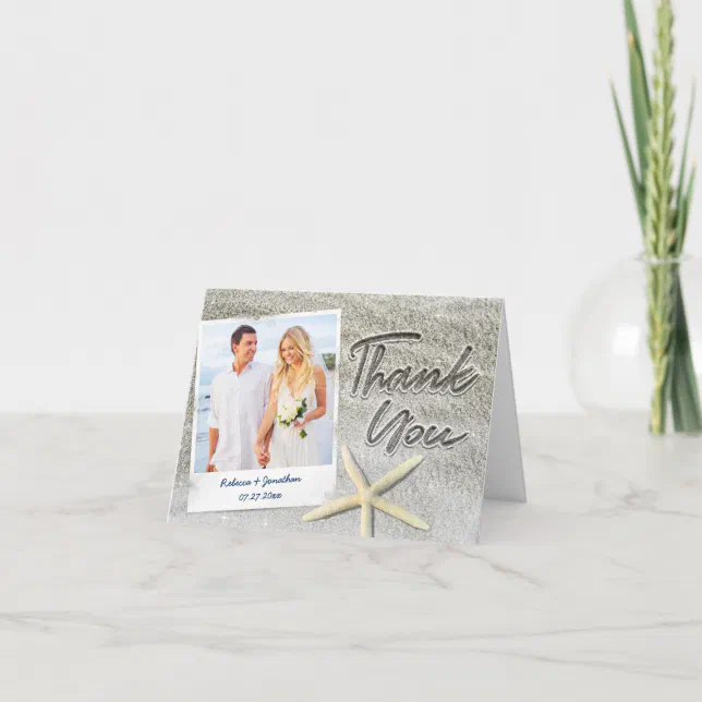 Beach Wedding Photo Thank You Cards | Sand Script | Zazzle