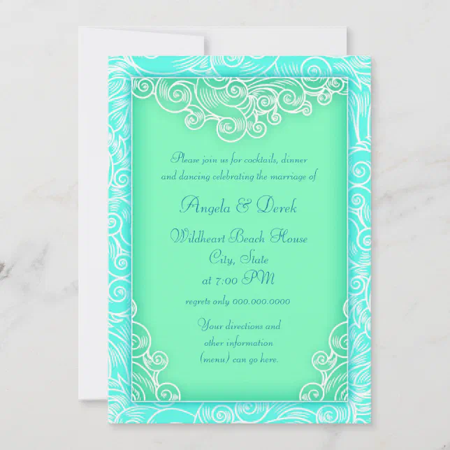 Beach Wedding Reception Aqua and Green Waves Invitation | Zazzle